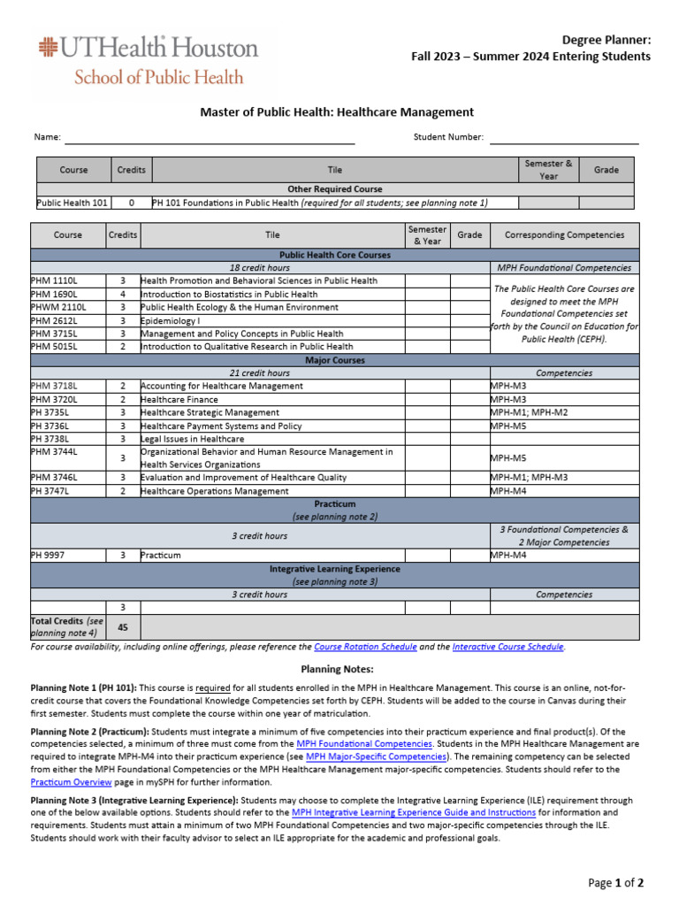 Planner - mph.Hcm.2023 2024 | PDF | Course Credit | Public Health
