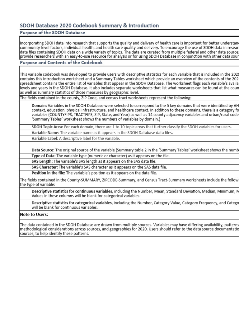 SDOH 2020 Codebook 1 0 | PDF | Health Care | Census