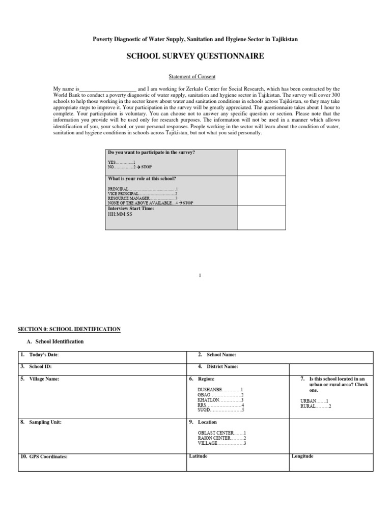 WASH Survey Questionnaire for Schools | PDF | Toilet | Water