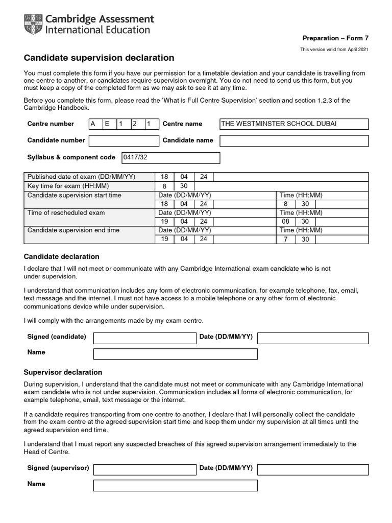Candidate Supervision Declaration Form Preparation Form 7 - 0417 32 ...