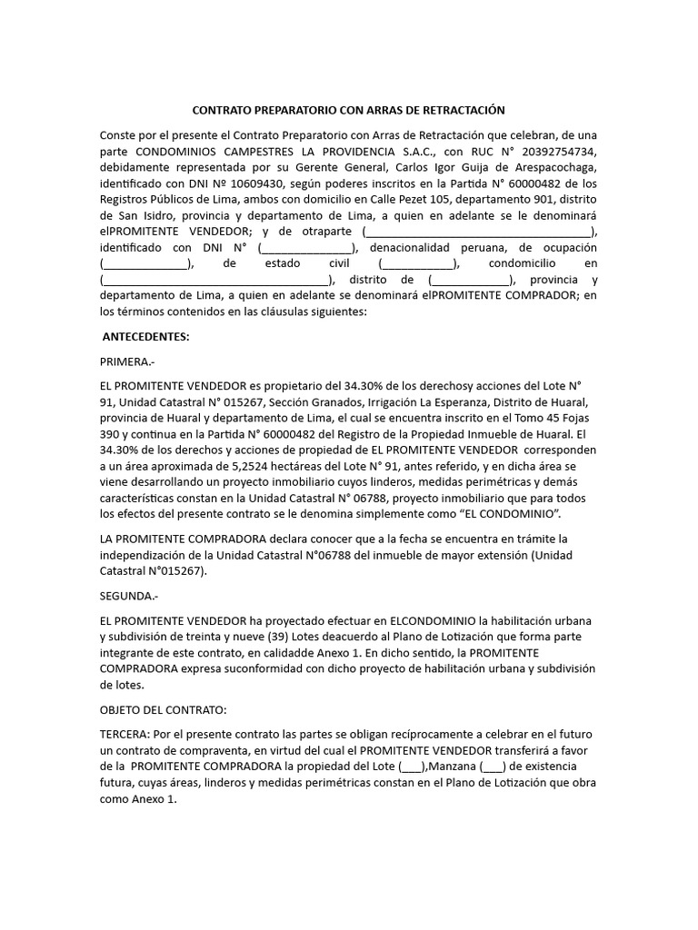 Contrato Preparatorio Con Arras de Retractación | PDF | Arbitraje | Derecho civil (sistema legal)