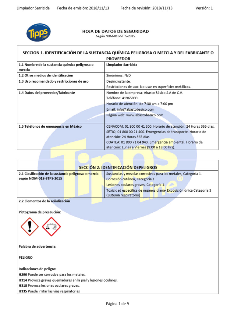 Hoja de Seguridad: Limpiador Sarricida | PDF | Agua | Hidrógeno