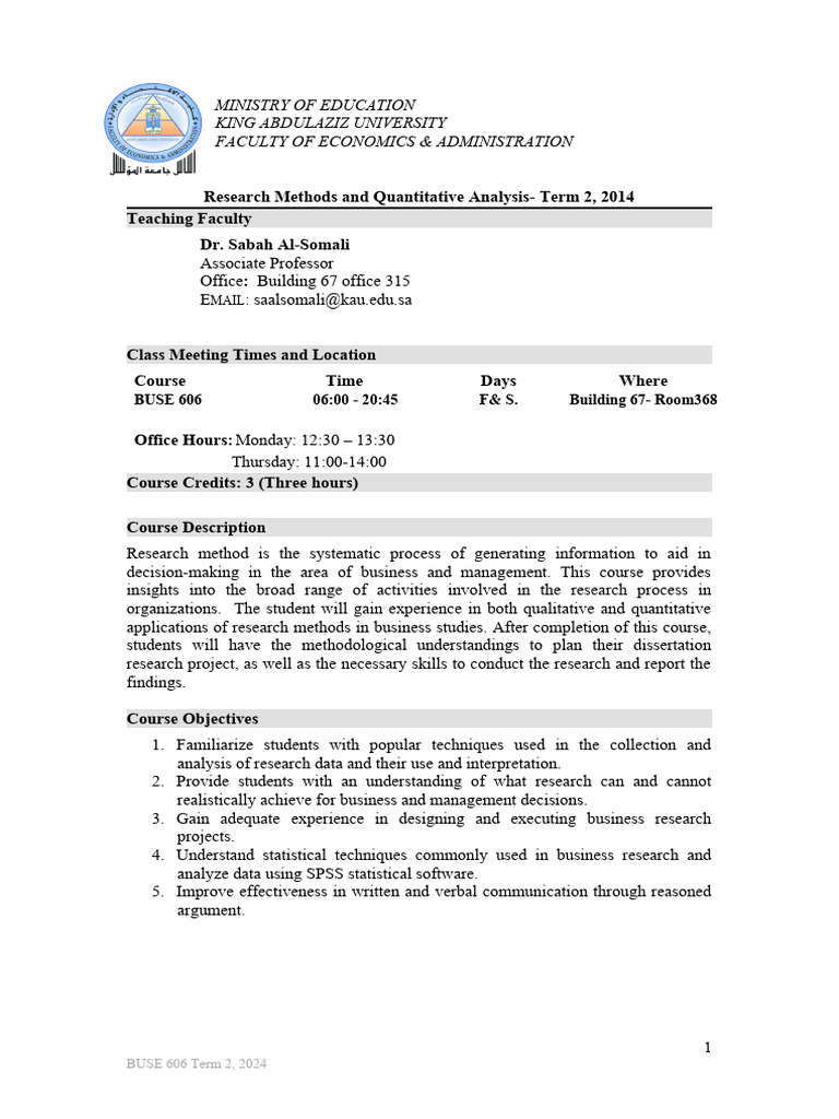Course Outline Fall 2024 1 PDF Methodology Quantitative Research