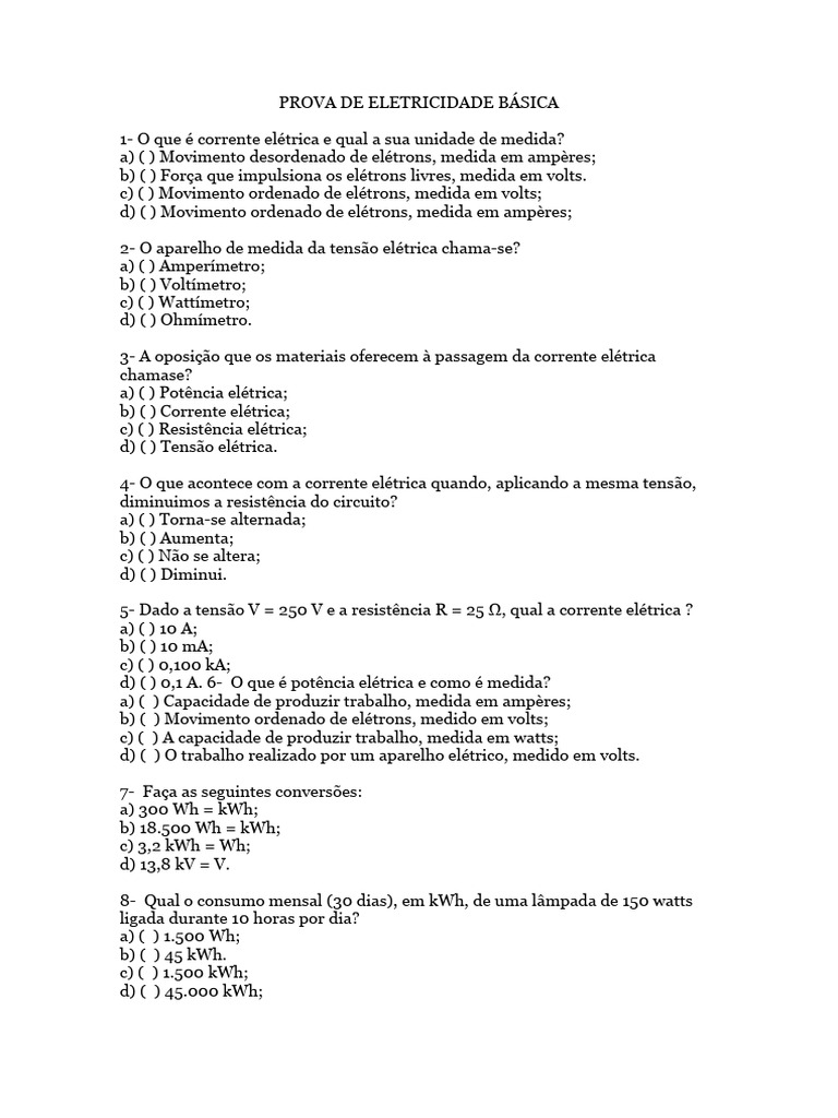 Prova de Eletricidade Basica | PDF | Resistência elétrica e condutividade | Corrente elétrica