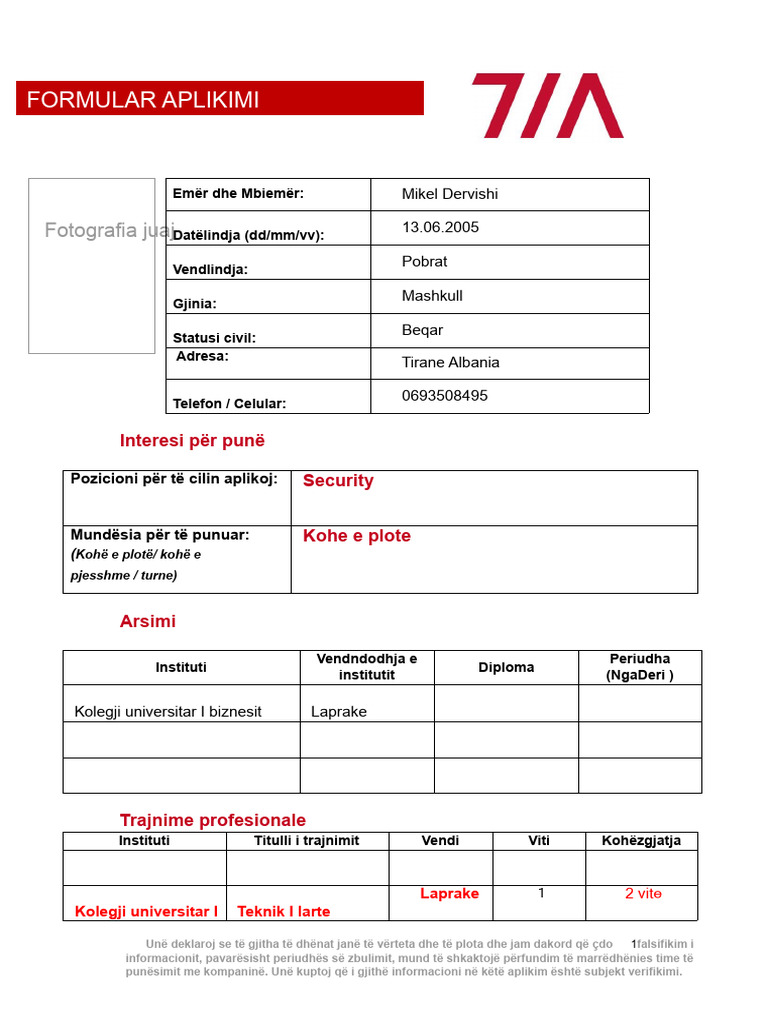 170611138865b1319c7d8a8 Formular Aplikimi | PDF