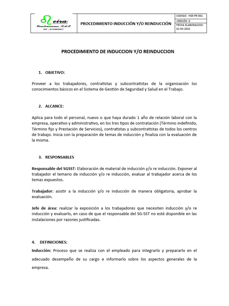 Hse-Pr-001 Procedimiento Inducción-Reinducción | PDF | Razonamiento inductivo | Outsourcing