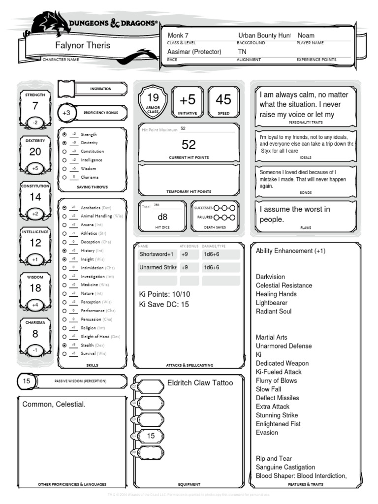 Falynor Monk Character Sheet | PDF | Role Playing Games