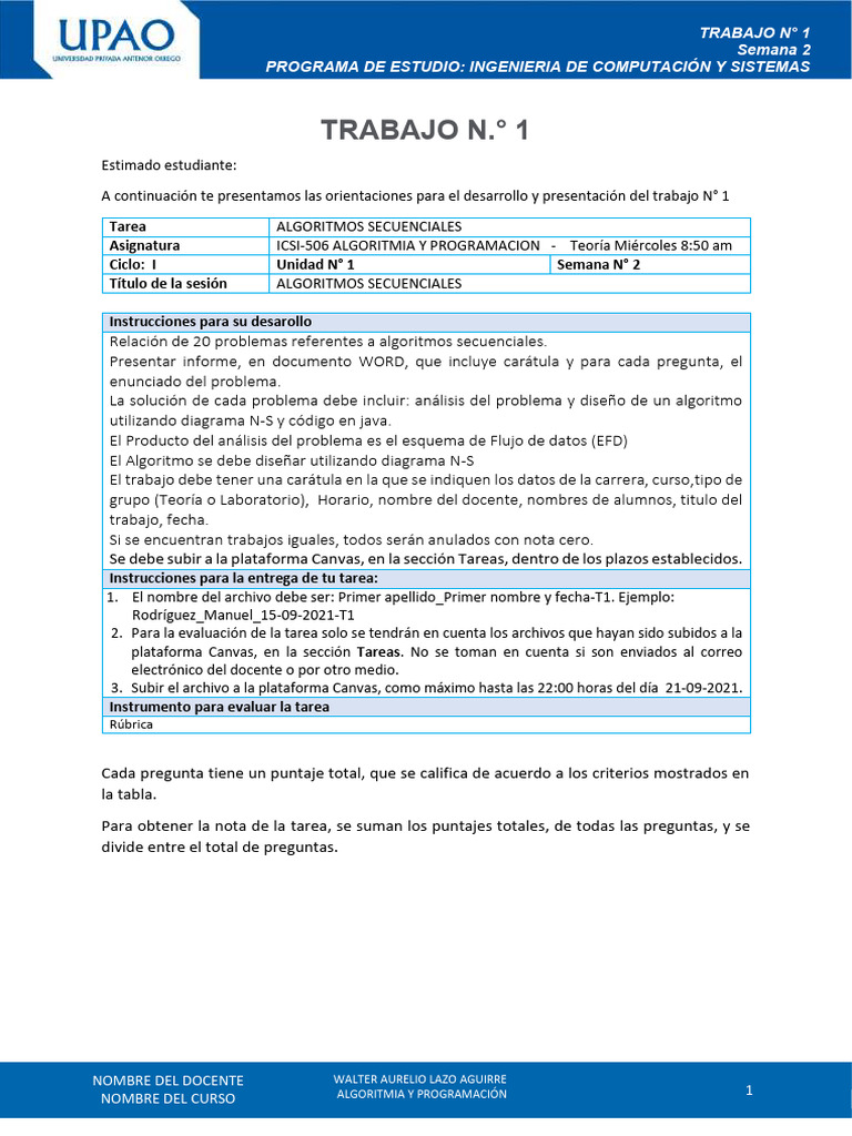 Tarea-Trabajo N°1 - Algoritmos Secuenciales-Teoria Miércoles 850am | PDF | Algoritmos | Java ...