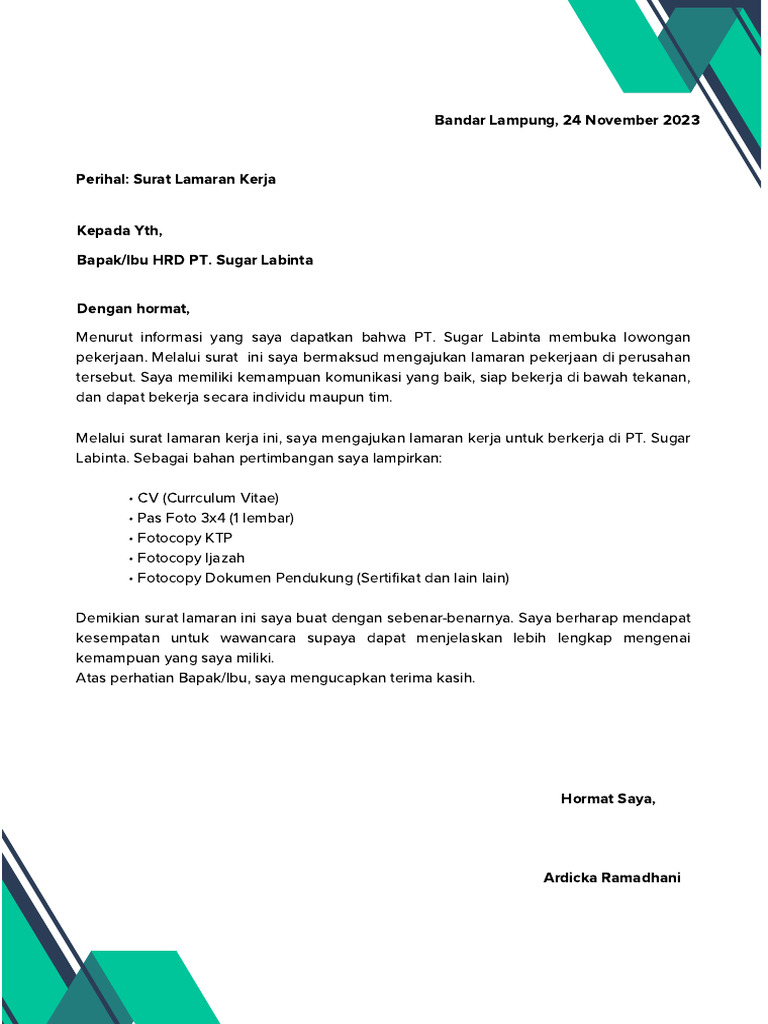 Surat Lamaran Dan Berkas Berkas PT. Sugar Labinta | PDF