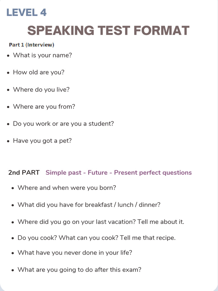 Level 4 Speaking Test Questions | PDF | Language Arts & Discipline