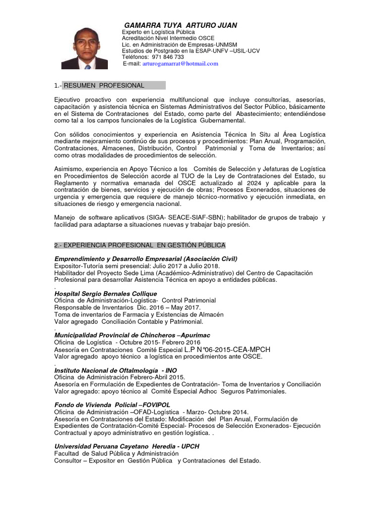 CV-Arturo Gamarra Tuya 2024 | PDF | Hospital | Logística