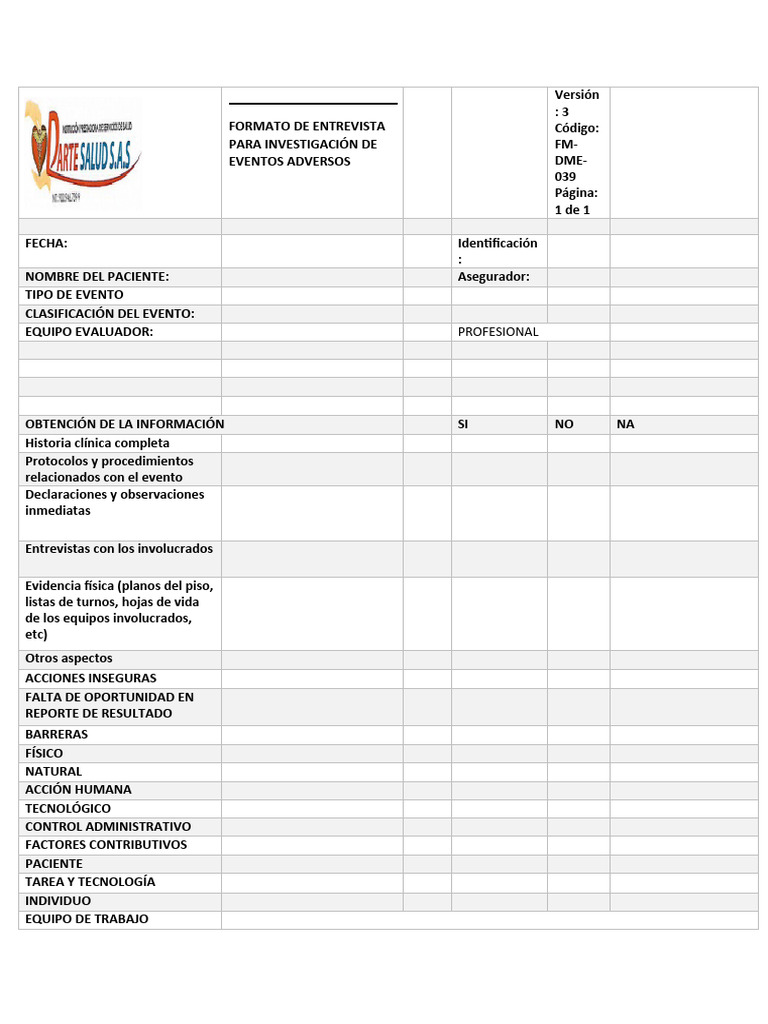 FORMATO DE ENTREVISTA PARA INVESTIGACIÓN DE EVENTOS ADVERSOS | PDF