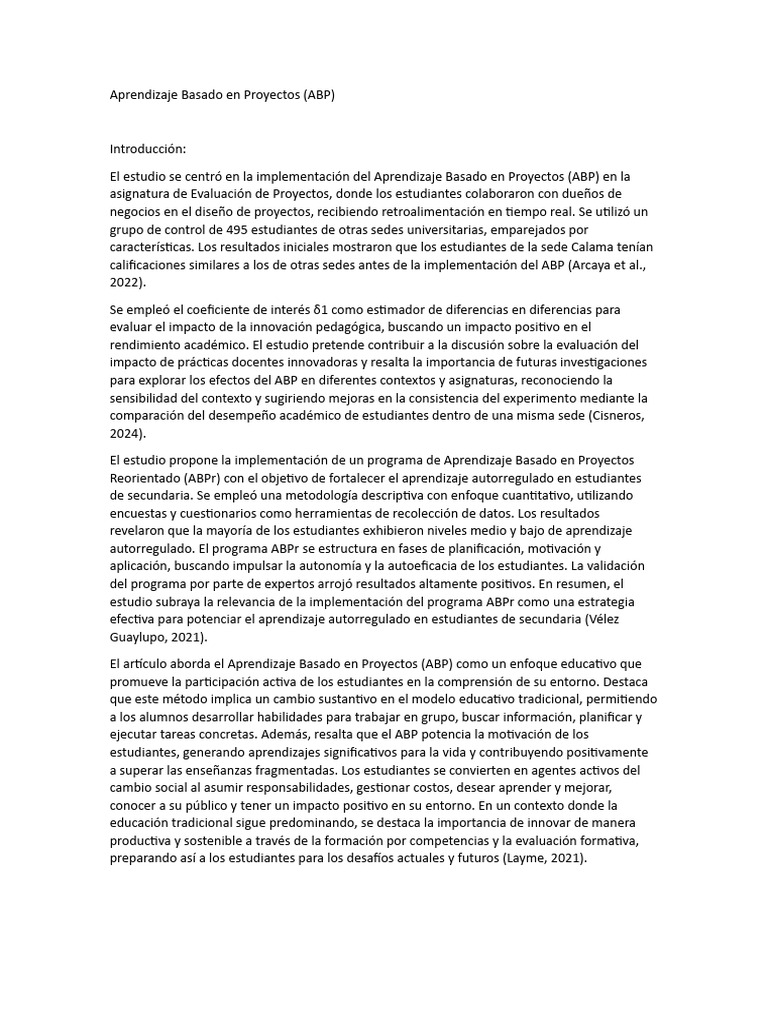 Aprendizaje Basado en Proyectos (ABP) | PDF | Aprendizaje en base a proyectos | Aprendizaje
