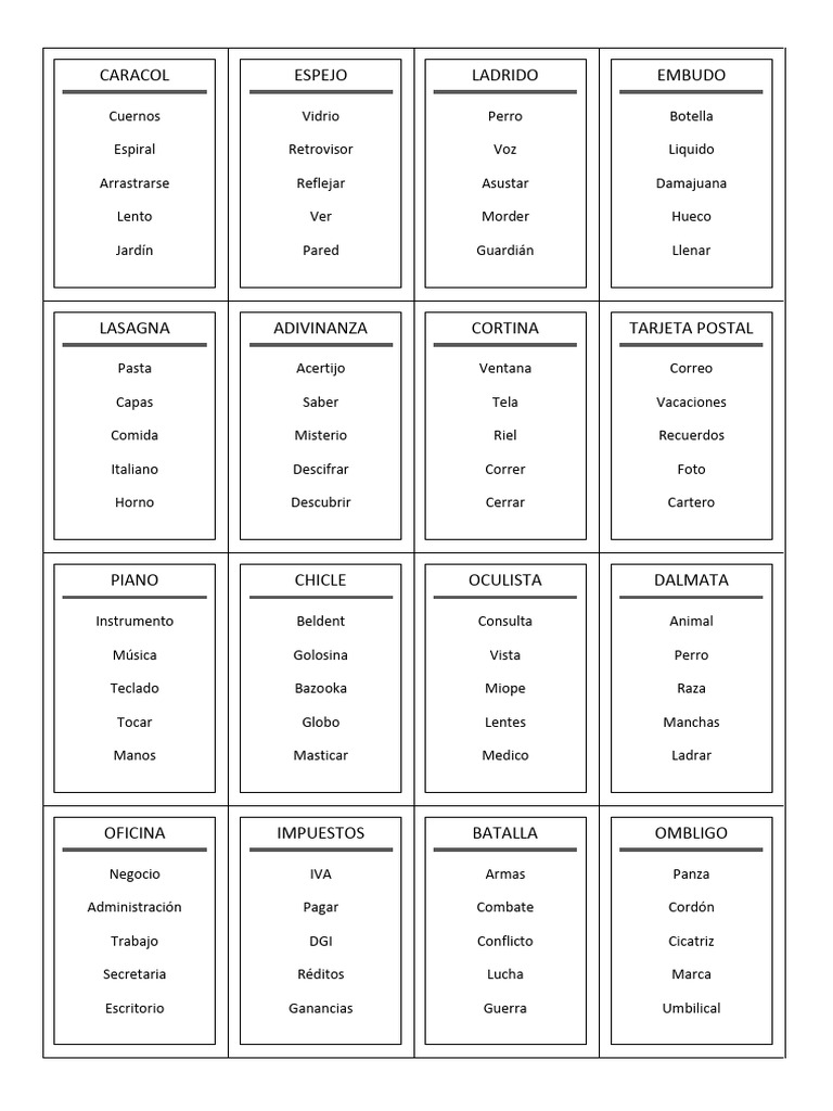 Tarjetas Tabú para Imprimir Gratis | PDF