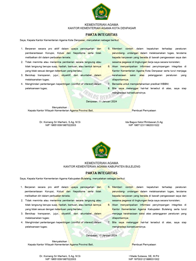 Pakta Integritas Internal Kankemenag 2024 | PDF