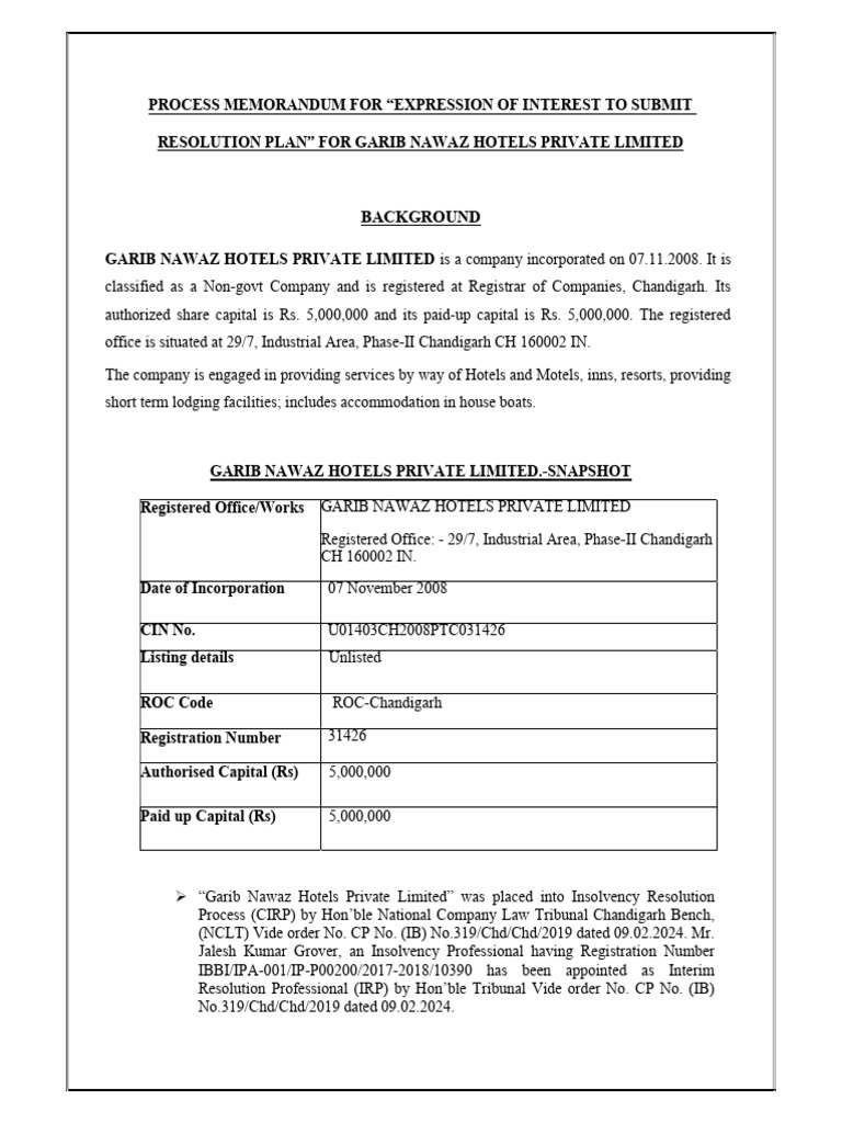 Process Memorandum-Garib Nawaz Hotels PVT LTD | PDF | Bankruptcy ...
