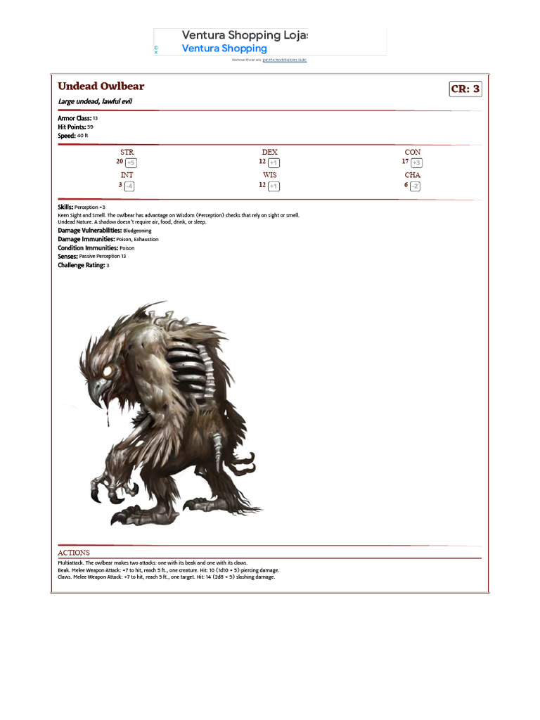 Undead Owlbear Stats & Abilities | PDF