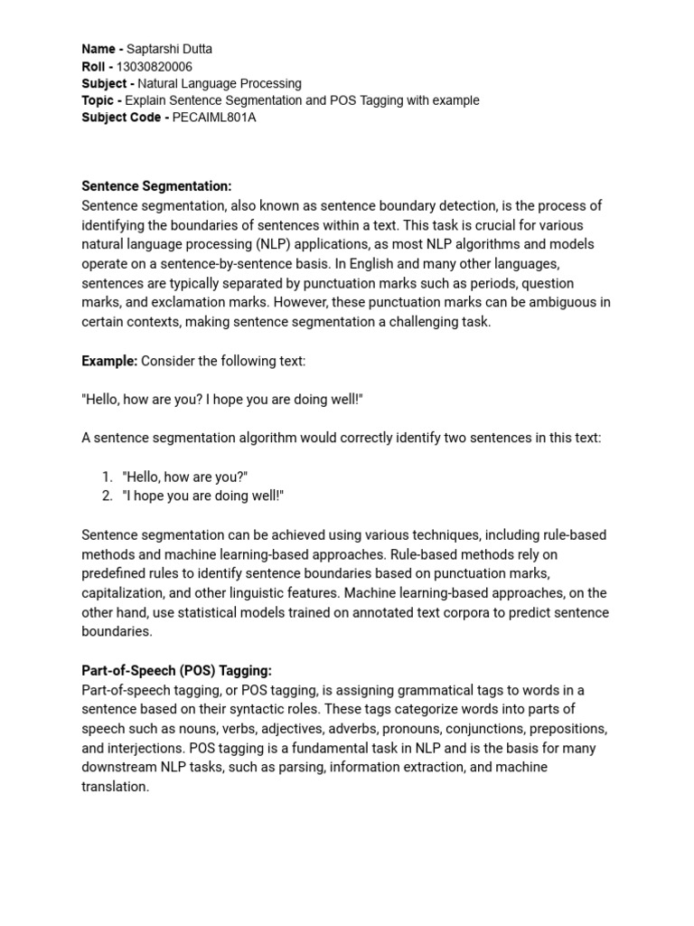 NLP - CA4 - Explain Sentence Segmentation and POS Tagging With Example ... NLP - CA4 - Explain Sentence Segmentation and POS Tagging With Example ...