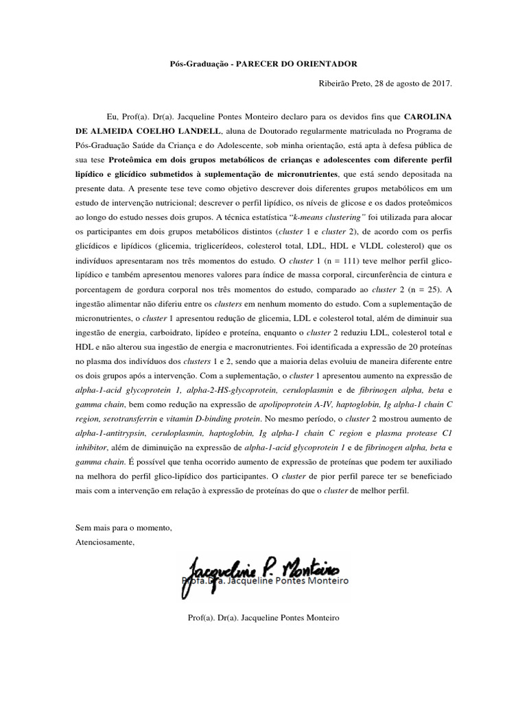 Pós-Graduação - Parecer Do Orientador | PDF | Obesidade | Colesterol