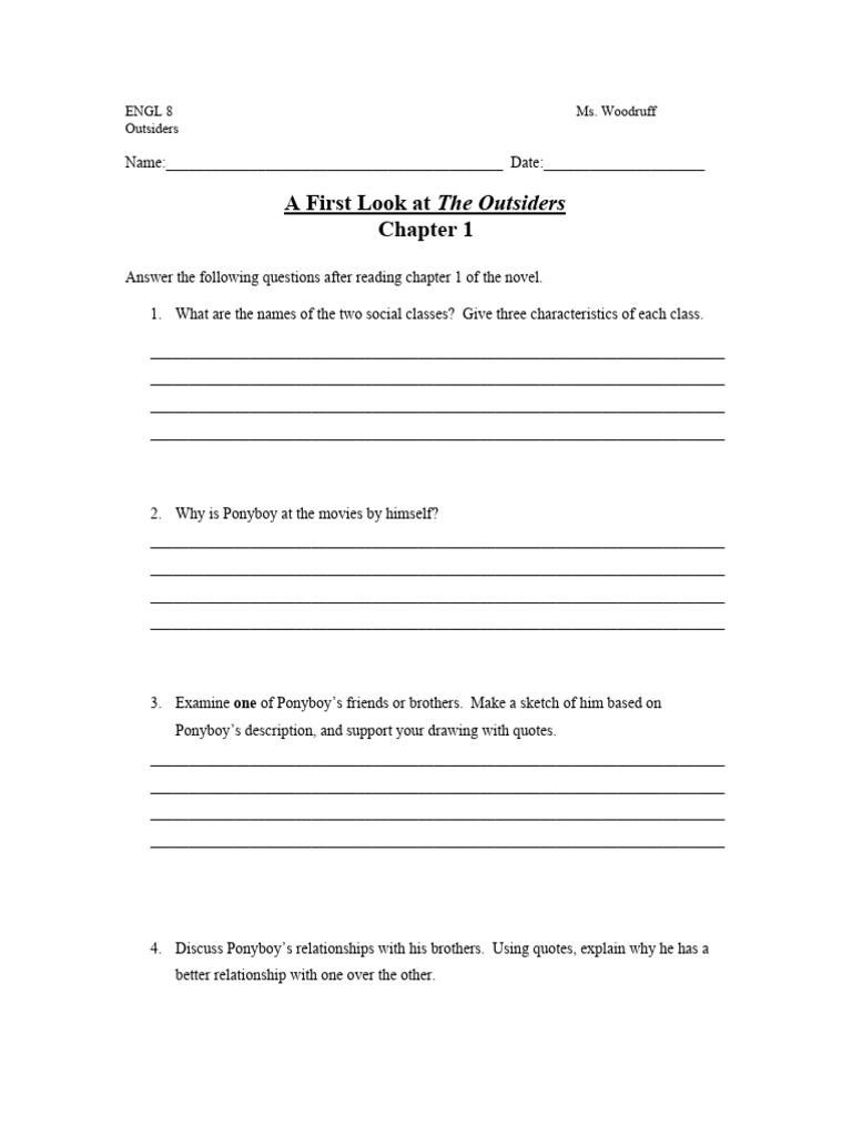 The Outsiders Chapter 1 Study Guide | PDF