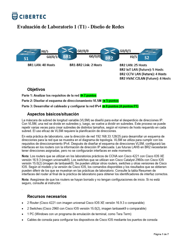 Evaluación de Laboratorio 1 - T1 - Diseño de Redes | PDF | Dirección IP | Protocolos de red