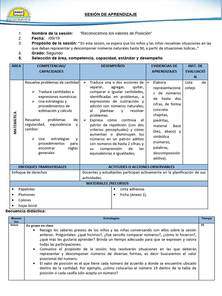 sesion matematica valores de posicion | PDF | Aprendizaje | Cognición