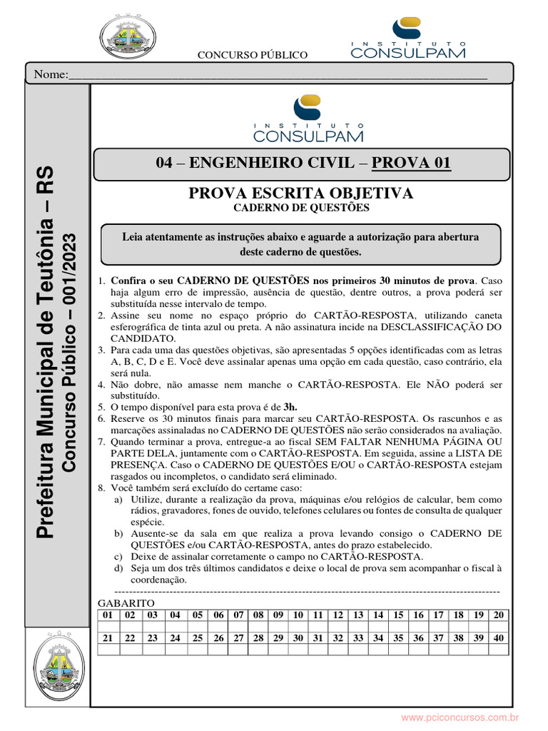 04 - Engenheiro Civil - Prova 01: Nome | PDF