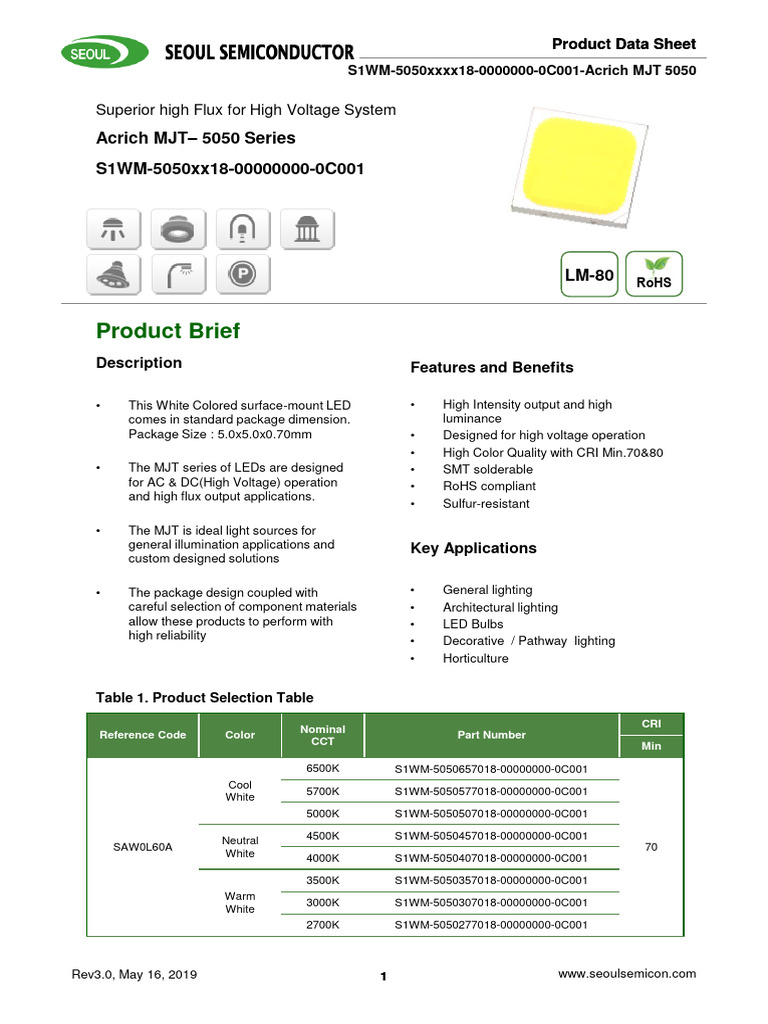 Acrich MJT 5050 LED Data Sheet | PDF | Lighting | Light Emitting Diode