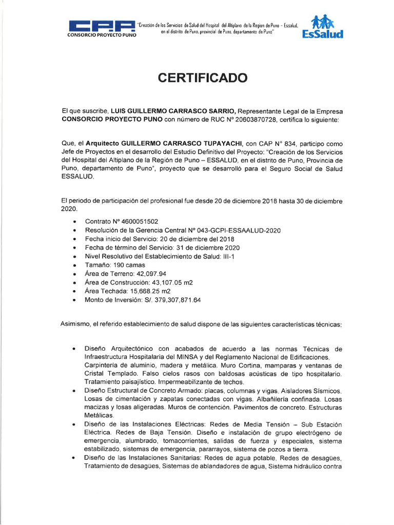Cert Arq Carrasco - Hosp Altiplano Puno | PDF