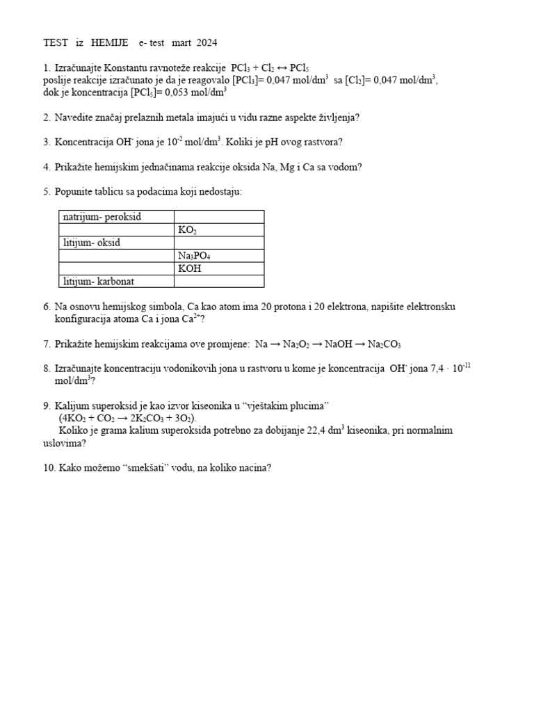E - Test Iz Hemije Mart 2024 | PDF