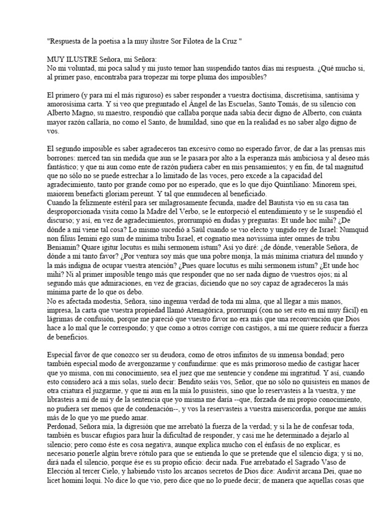 Respuesta de La Poetisa A La Muy Ilustre Sor Filotea de La Cruz | PDF ...