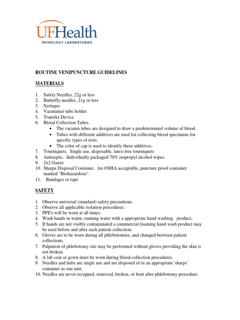 Uf Health Pathology Laboratories Venipuncture Procedure | PDF | Blood ...