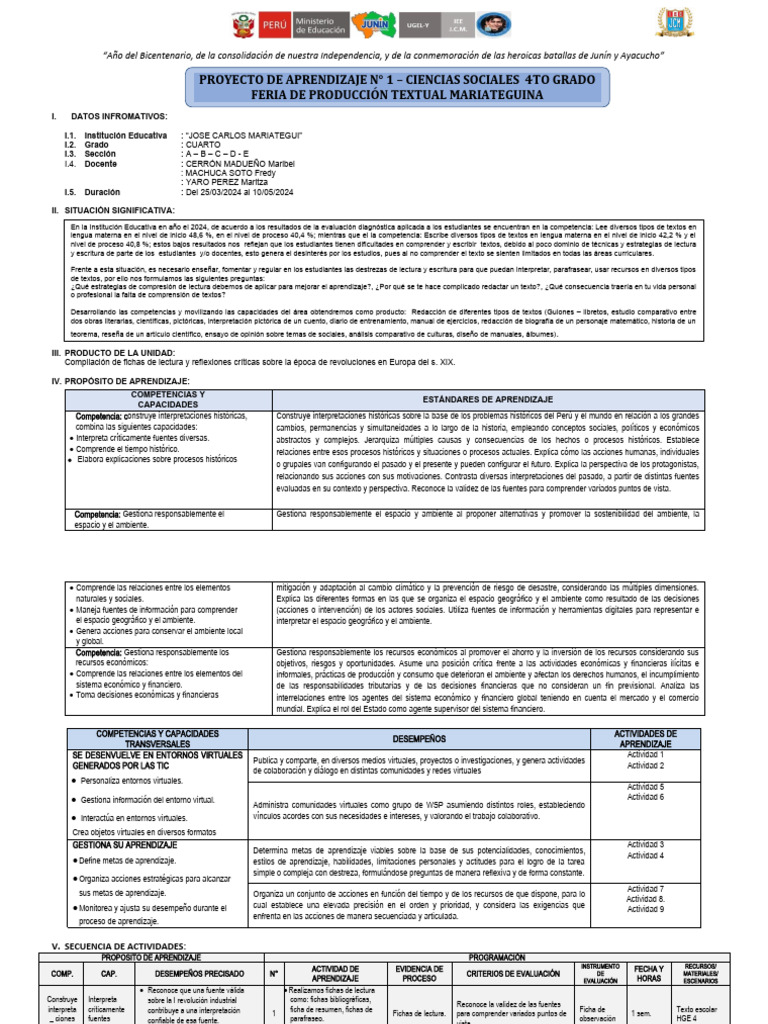 I Proyecto de Aprendizaje CCSS 4to Grado. | PDF | Aprendizaje | Evaluación
