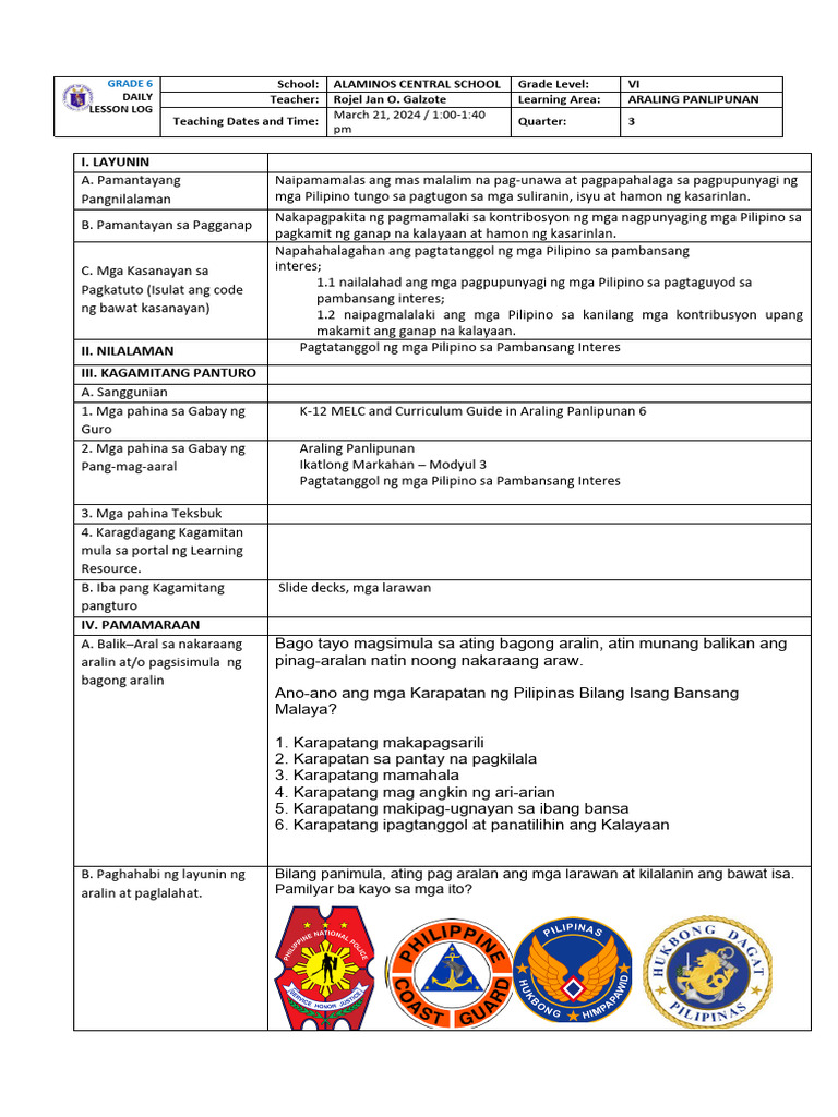 AP6 DLL-Pagtatanggol NG Mga Pilipino Sa Pambansang Interes | PDF