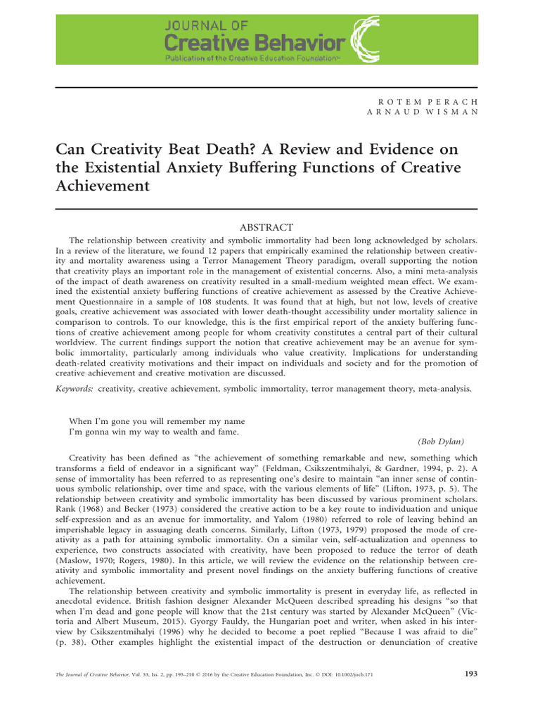$can Creativity Beat Death A Review and Evidence On The Existential ...