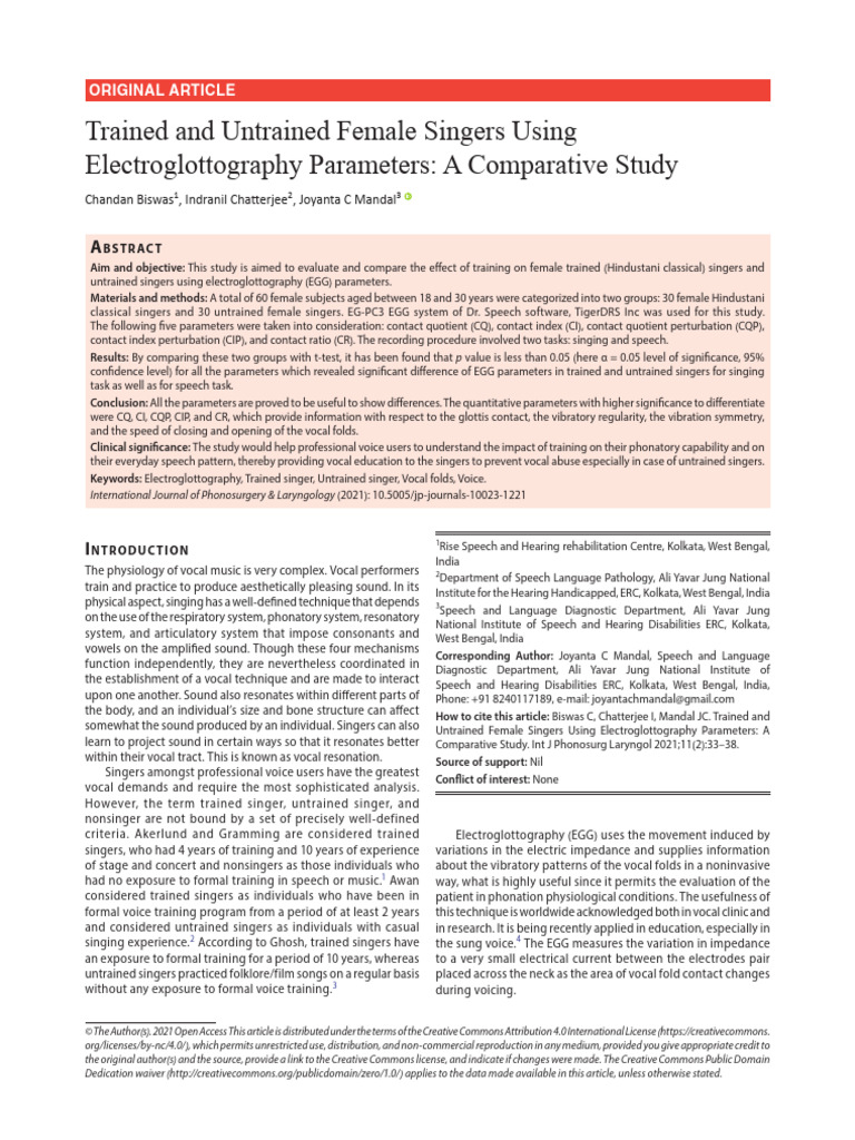 Trained and Untrained Female Singers Using EGG Parameters (2021) | PDF ...