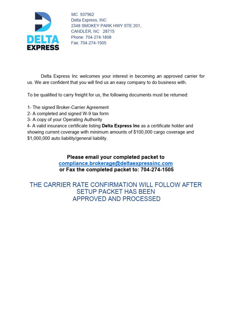 Carrier Setup Packet Delta Express PDF | PDF | Cargo | Indemnity