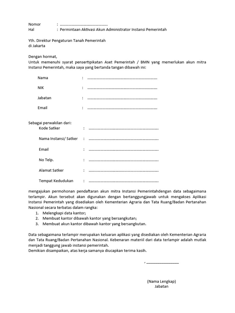 Format - Surat Permohonan - Pembuatan - Akun - Mitra - Pertanahan ...