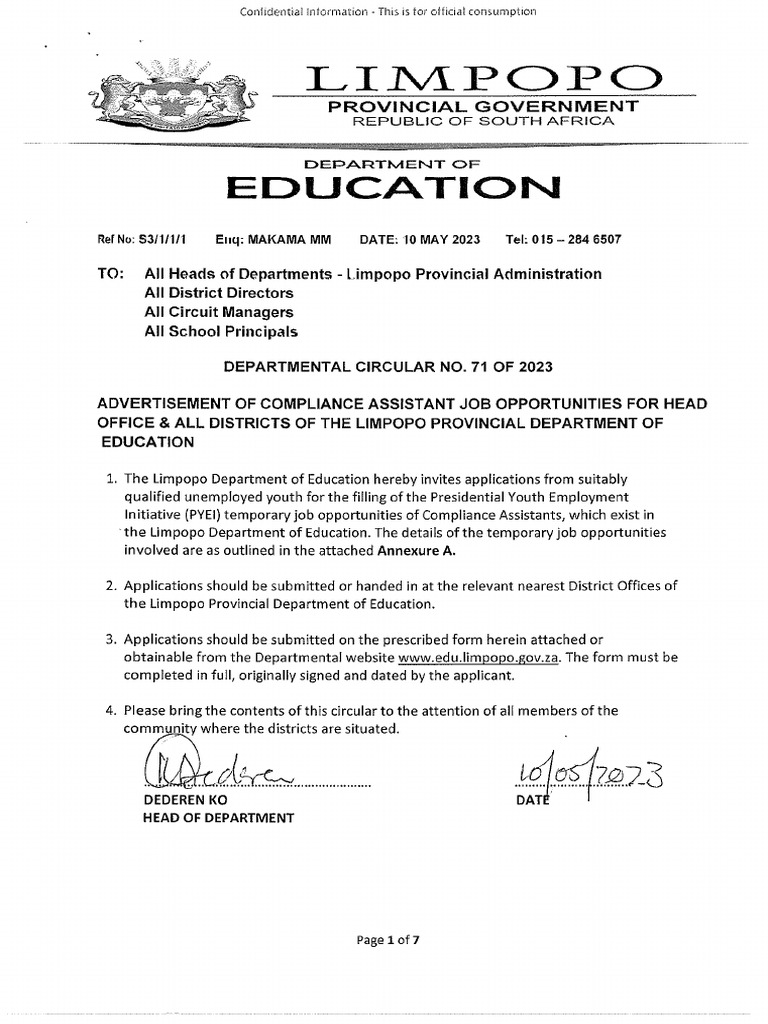 Departmental Circular No. 71 of 2023 Advertisement of Compliance Assistant Job Opportunities | PDF