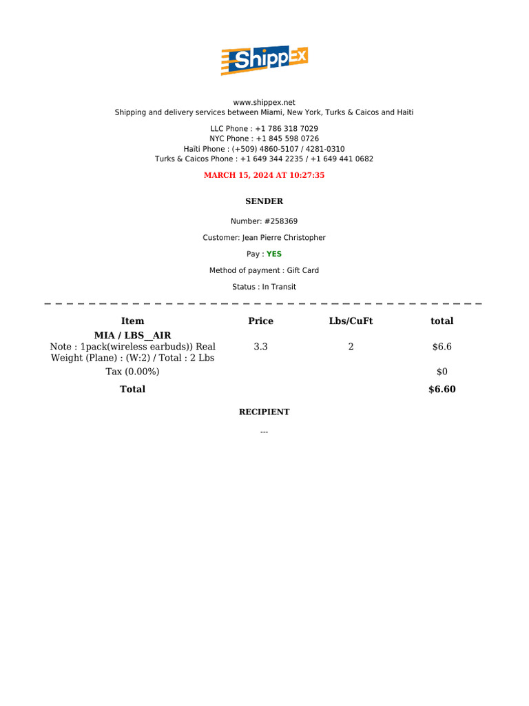 Shippex - Invoice - 3359177647 | PDF