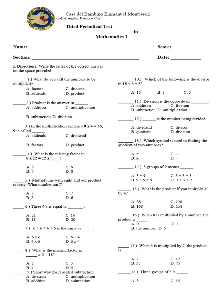 Grade 1 Third Periodical Math Test | PDF | Division (Mathematics ...