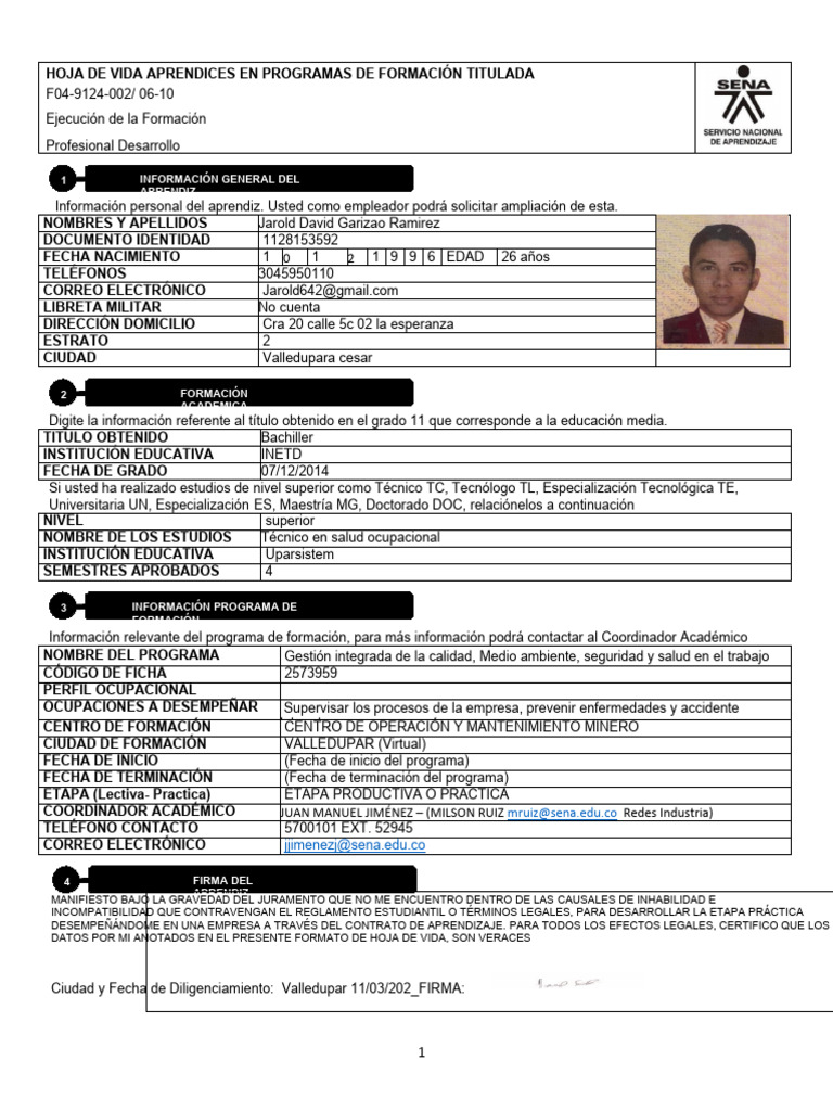 Hoja de Vida de Jarold David Garizao Ramirez en | PDF