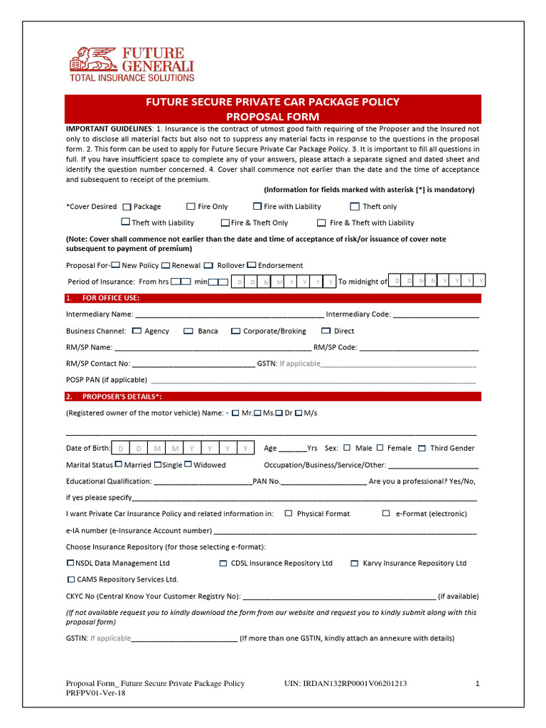 Future Secure Private Car Package Policy Proposal Form | PDF | Insurance | Tax Refund
