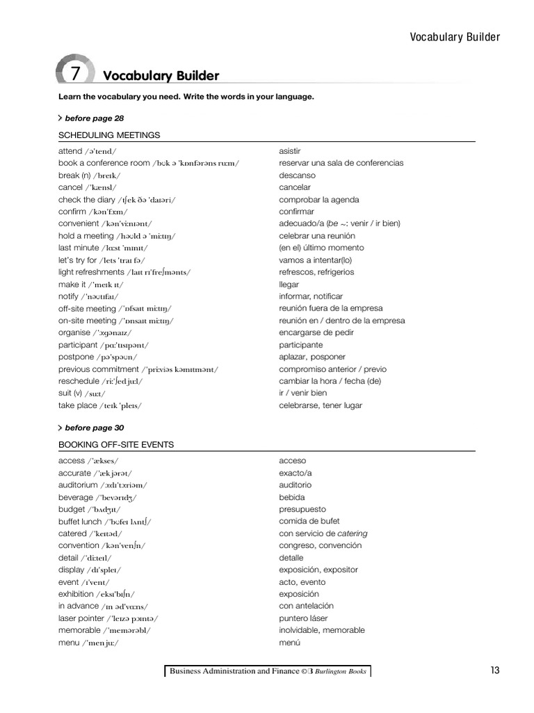 BUSINESS ADMINISTRATION - Vocabulary - Builder - Español - Unit7-2 | PDF