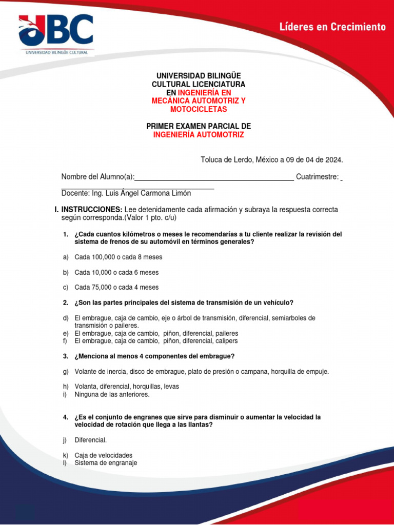 Ingenieria Automotriz II EXAMEN 2024-2 Do Parc | PDF | Embrague | Ingeniería mecánica