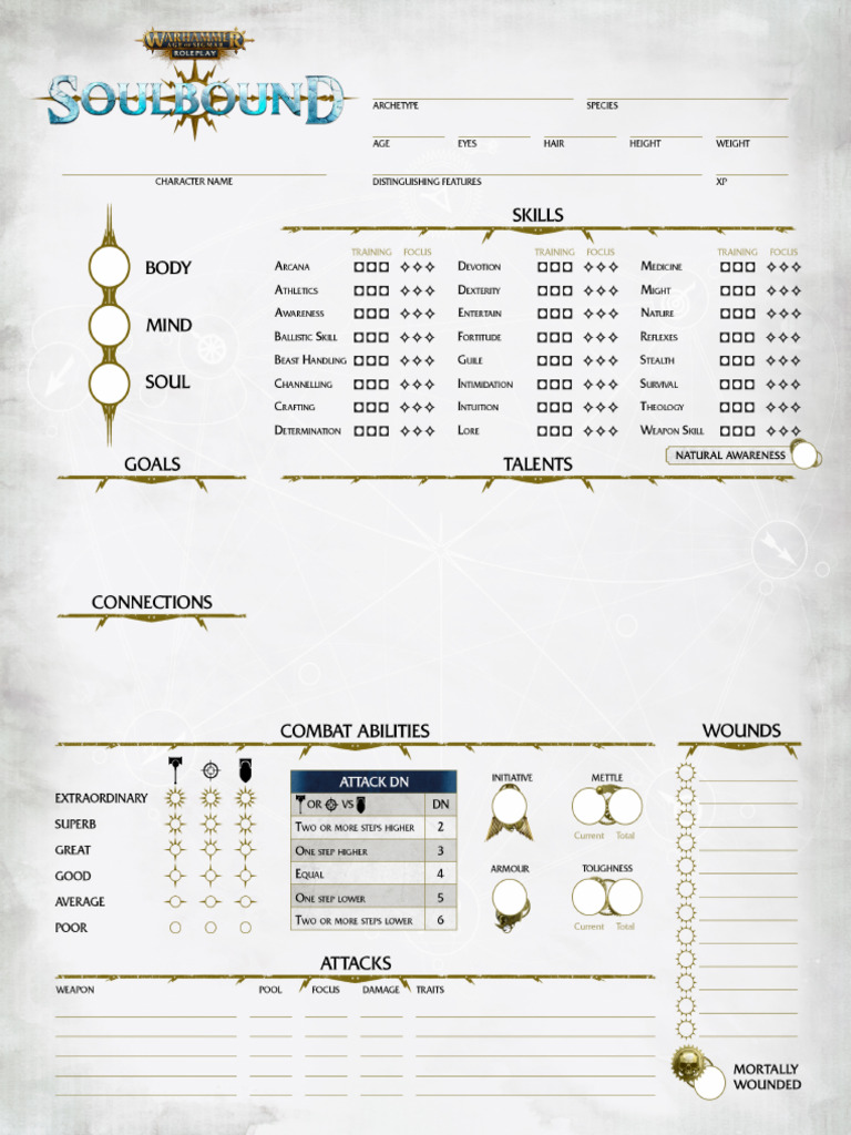 Warhammer Age of Sigmar Roleplay - Soulbound - Character Sheet - Fillable | PDF