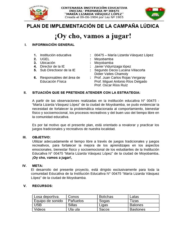 Plan de ¡Oy Cho Vamos A Jugar! | Descargar gratis PDF | Cognición