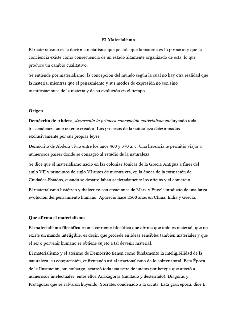 El Materialismo | PDF | Materialismo | Metafísica