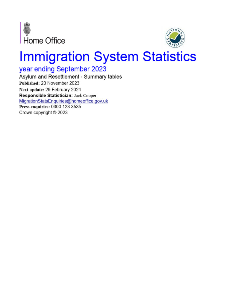 Asylum Summary Sep 2023 Tables | PDF | Asylum Seeker | Persecution