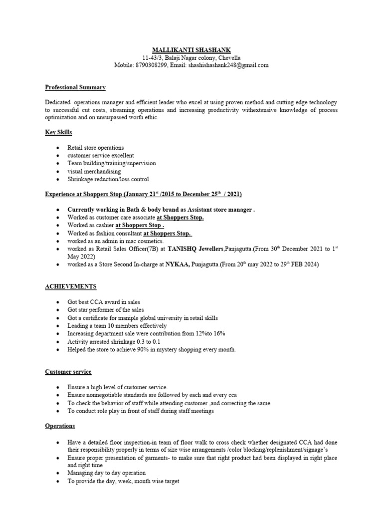 Shashank Resume 2024 | PDF | Retail | Marketing